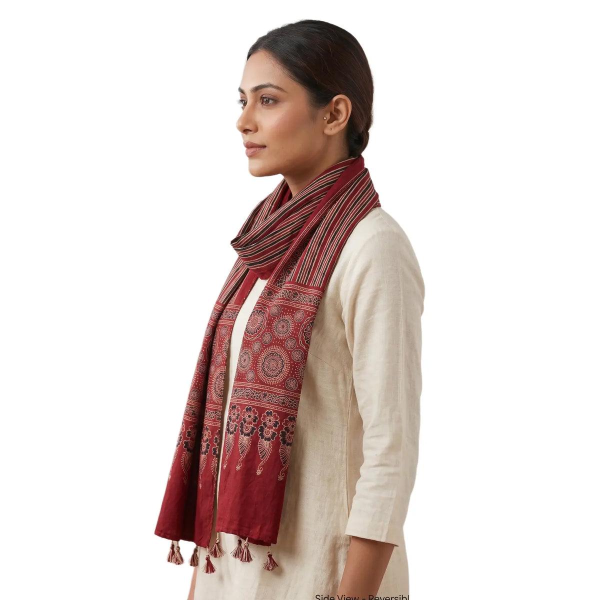 Ajrakh Maroon Cotton Stole for Women 55x210cm | Indiascarves– indiascarves