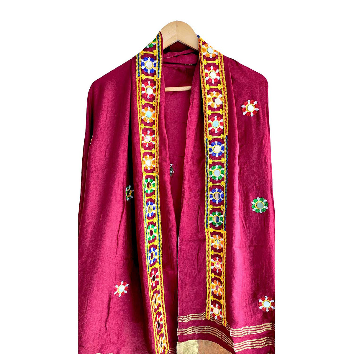 Handcrafted Maroon Dupatta with Colorful Embroidery and Golden Border ...